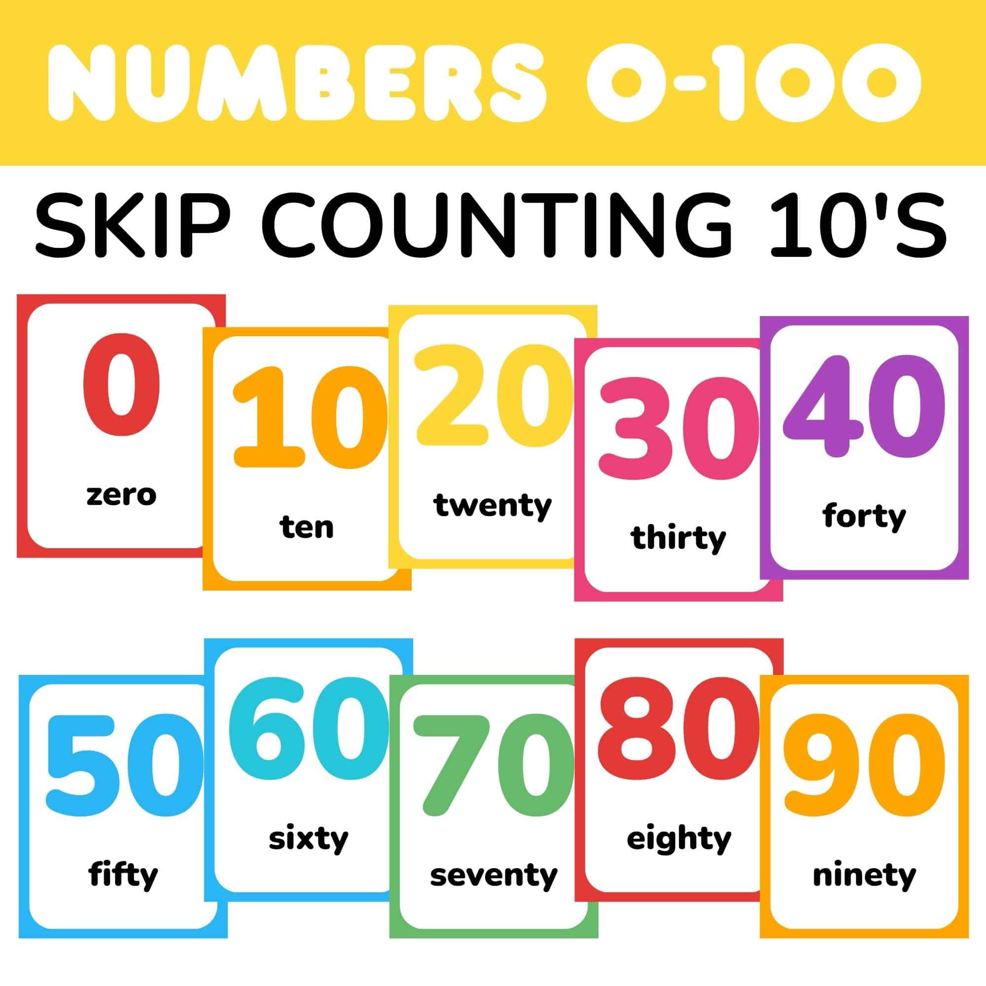 Free Printable Skip Counting Number Flashcards 0-100 by 10's