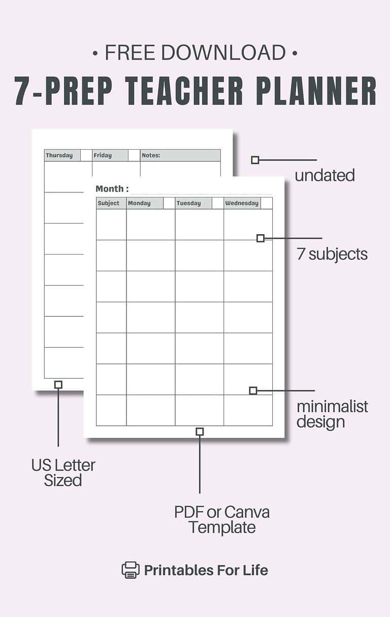 7 Prep Teacher Lesson Planner Free Printable PDF