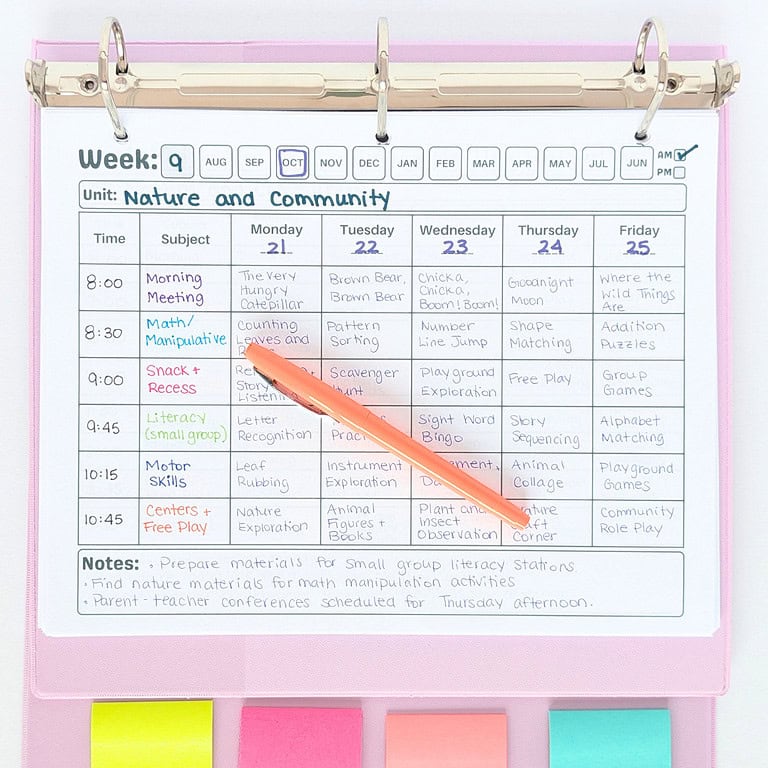 FREE Kingergarten Weekly Lesson Plan Template