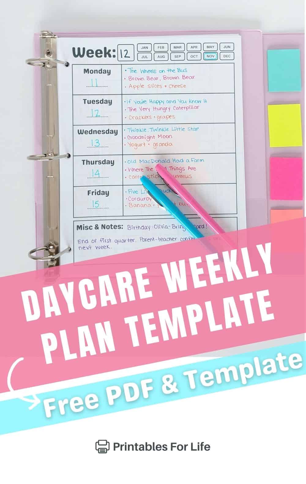 Free Weekly Daycare Lesson Plan Template Printable