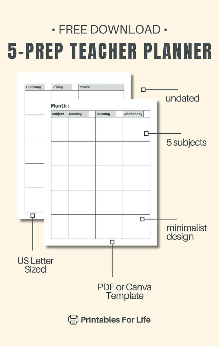 Free 5-Prep Teacher Lesson Plan Book PDF