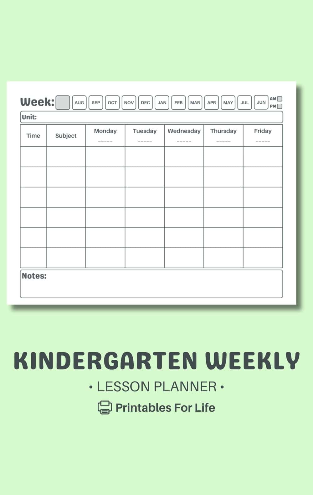 FREE Kingergarten Weekly Lesson Plan Template