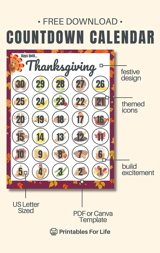 FREE Thanksgiving Countdown Calendar Printable