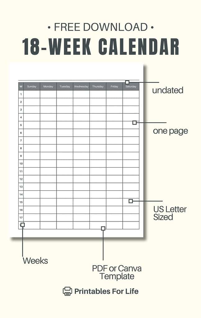 18 Week Calendar Free Printable PDF
