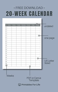 Free 20-Week Calendar Printable PDF