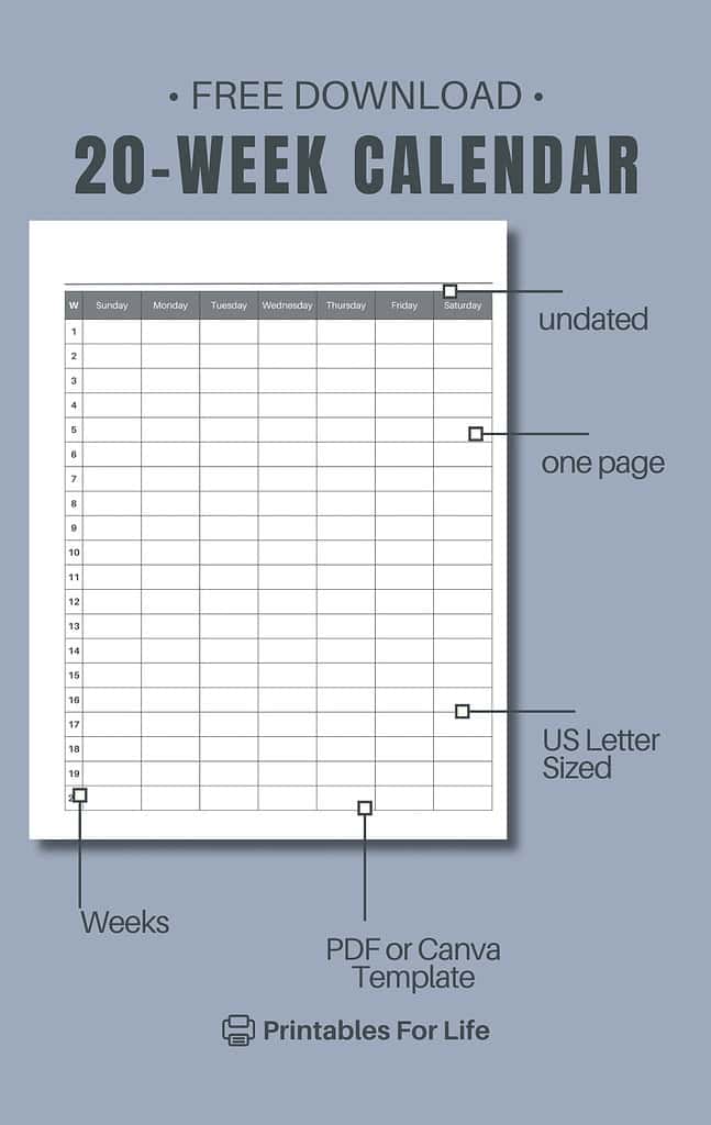 Free 20-Week Calendar Printable PDF