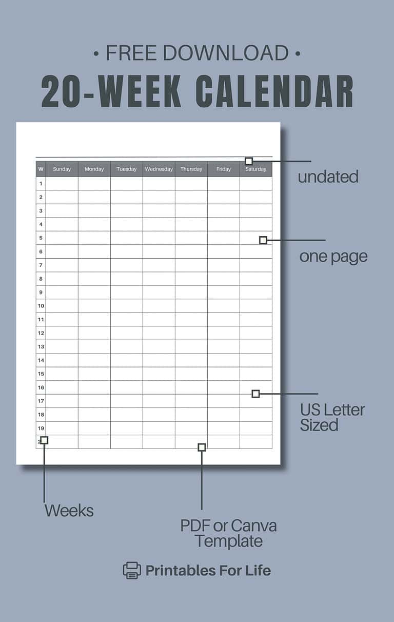 Free 20-Week Calendar Printable PDF