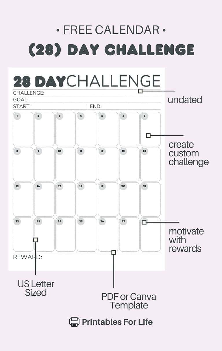 FREE 28-Day Challenge Calendar Printable PDF