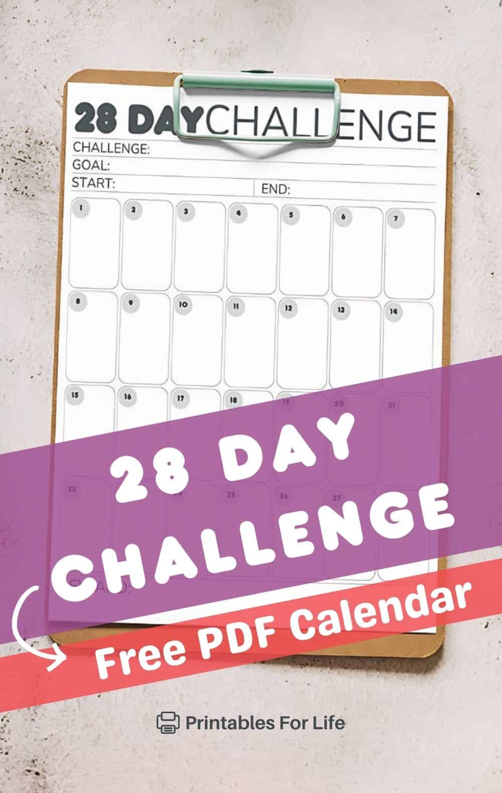 FREE 28 Day Challenge Calendar Printable