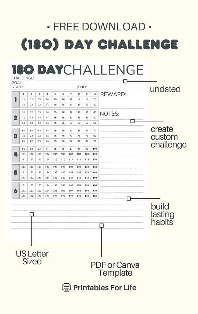 180-Day Challenge Calendar: Free Printable