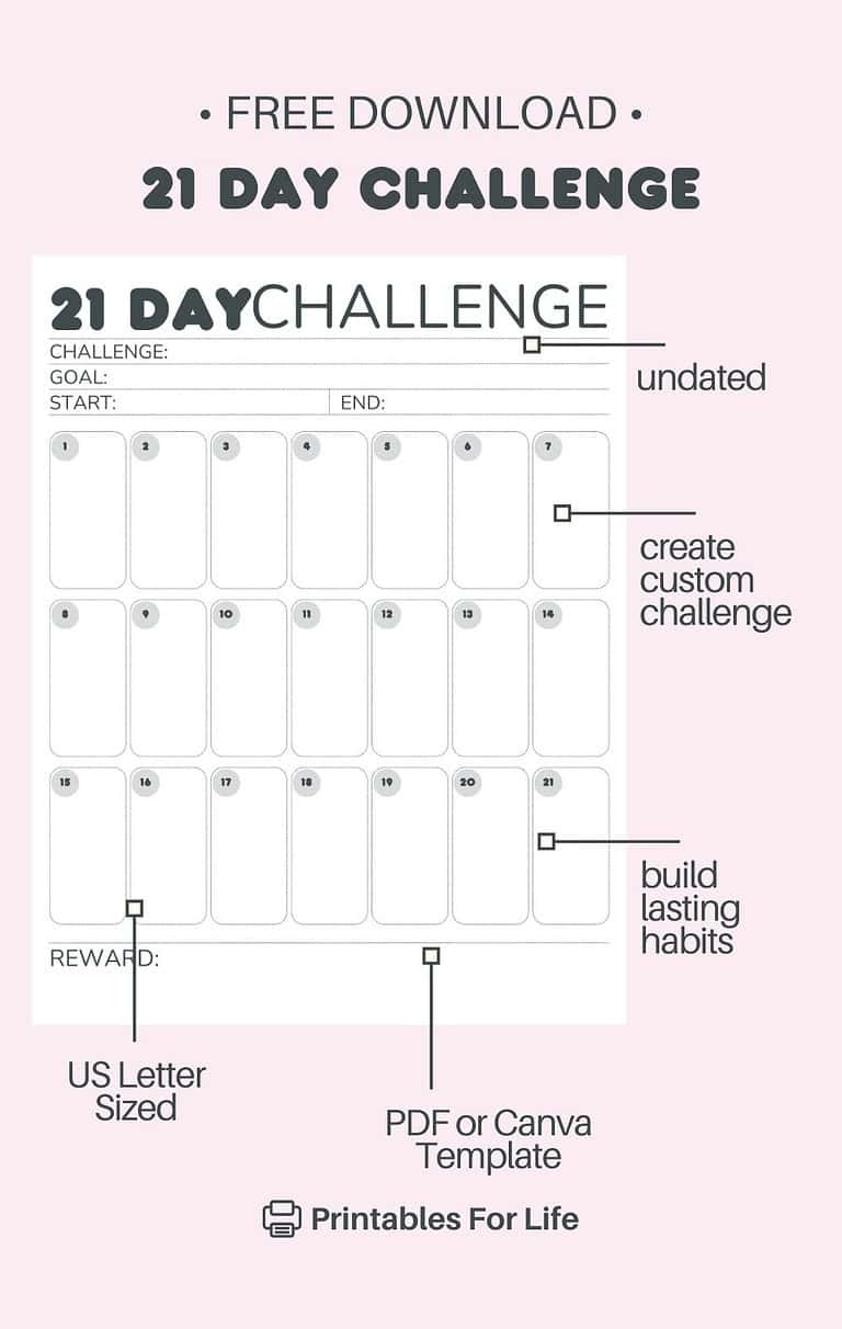 FREE 21-Day Challenge Calendar Printable PDF