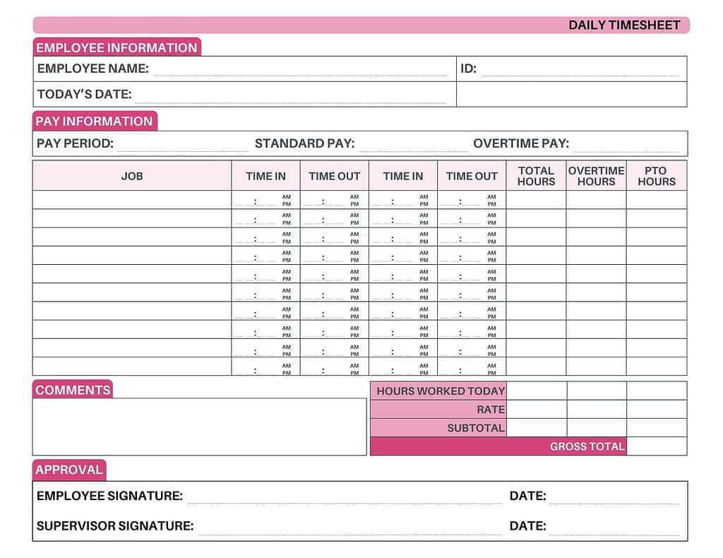 Free Printable Daily Timesheet Template [PDF Download]