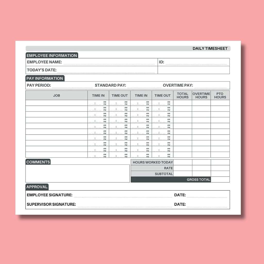 Free Printable Daily Timesheet Template PDF (8 Colors)