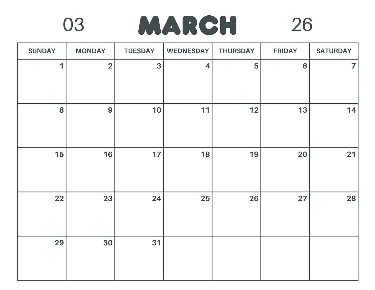 Free Printable Calendar: March 2026, PDF