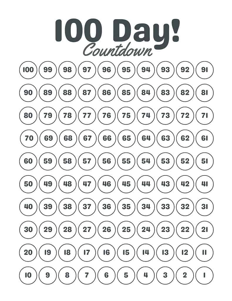 100 Day Countdown Calendar Printable FREE PDF