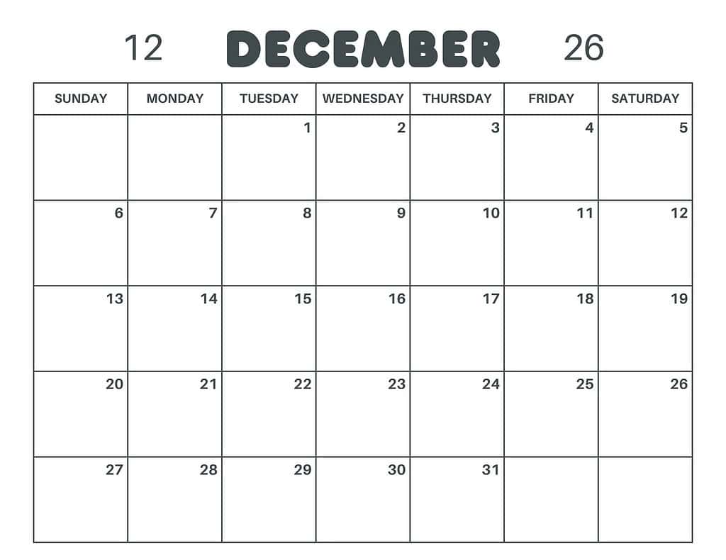 Free Printable Calendar: December 2026 PDF