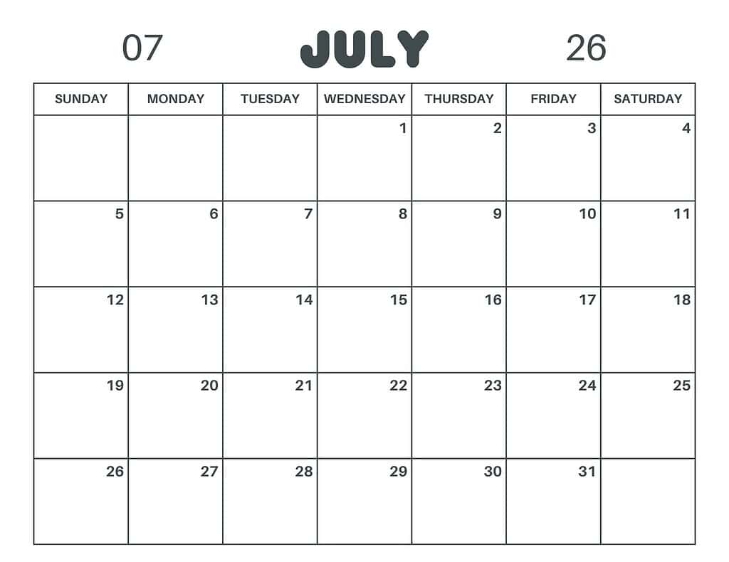 Free Printable July Calendar: 2025, 2026, 2027 PDF & Template