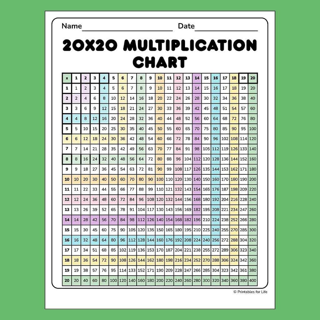 Free Printable Multiplication Chart 20x20