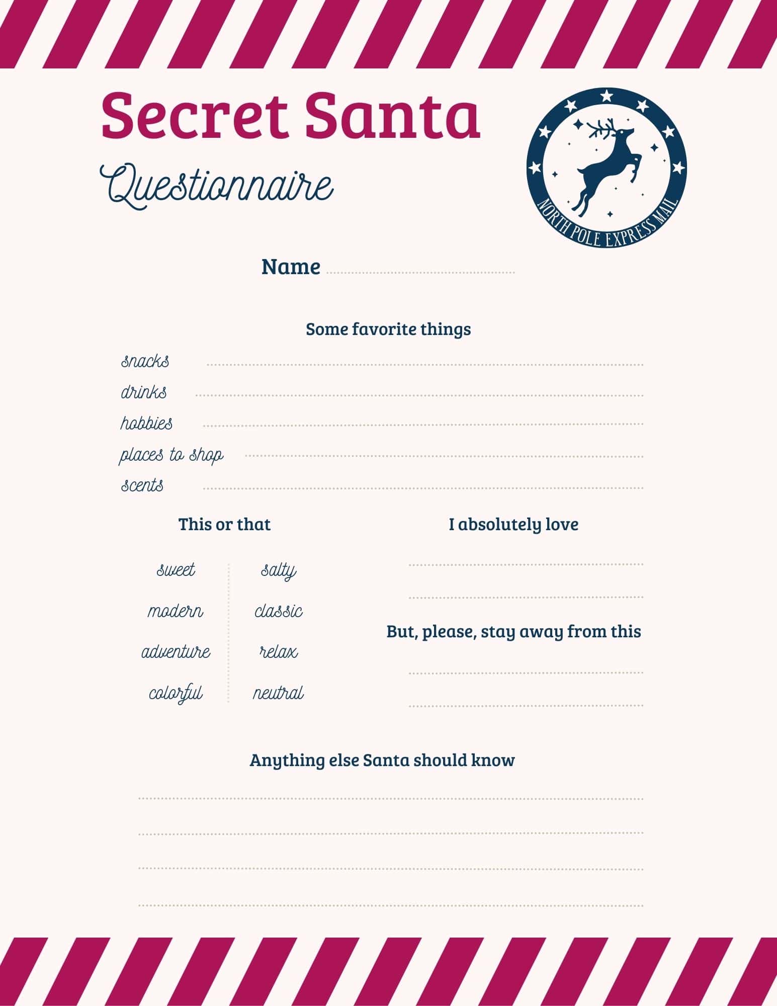 Santa Gifts Printable Secret Santa Gift Exchange Questionnaire ...