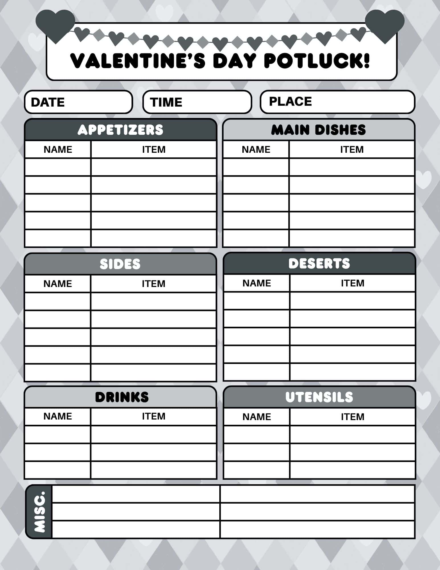 Printable Valentine's Day Potluck Sign Up Sheet