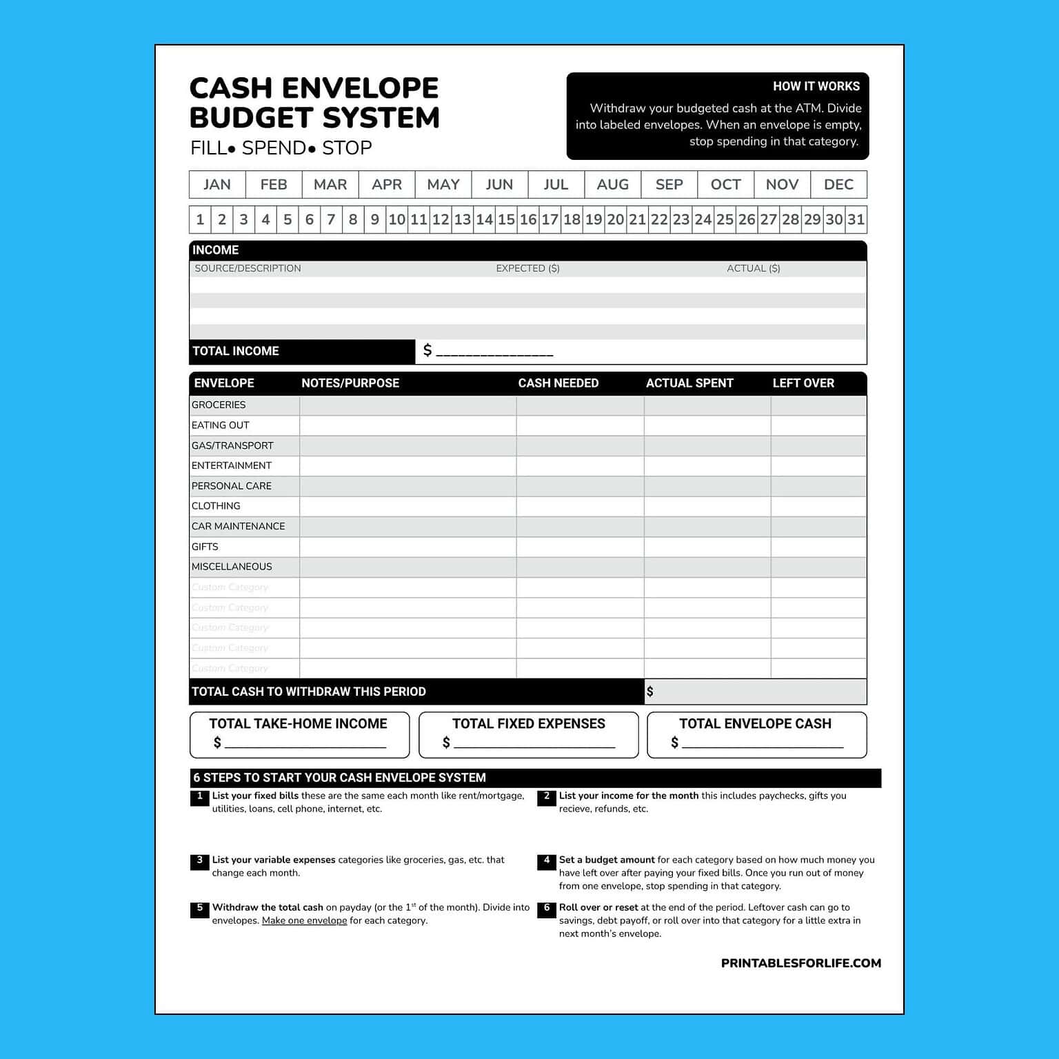Free Cash Envelope Budget Template Printable Worksheet + Guide