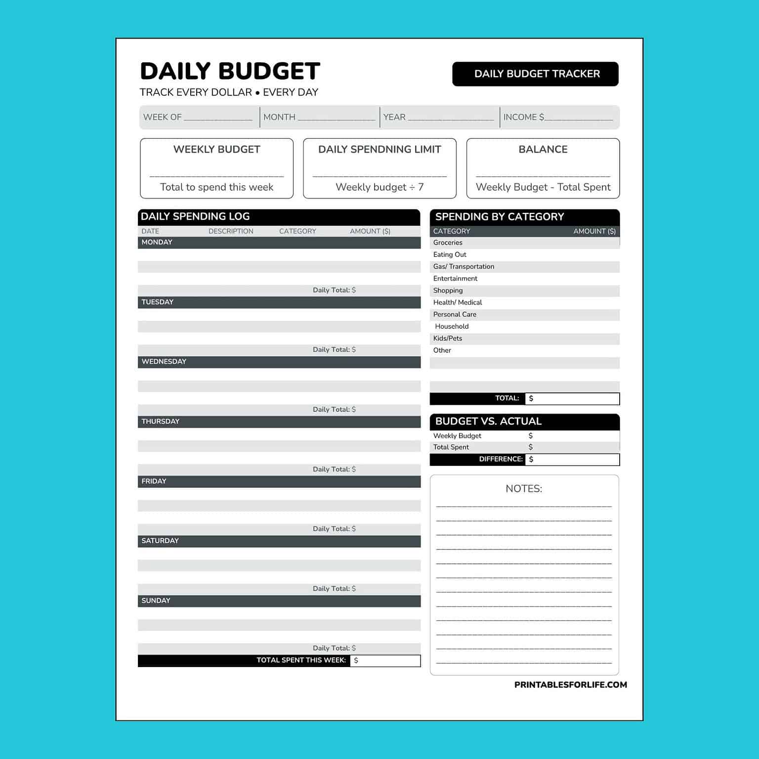 Free Daily Budget Template PDF | Simple Weekly Budget Tracker