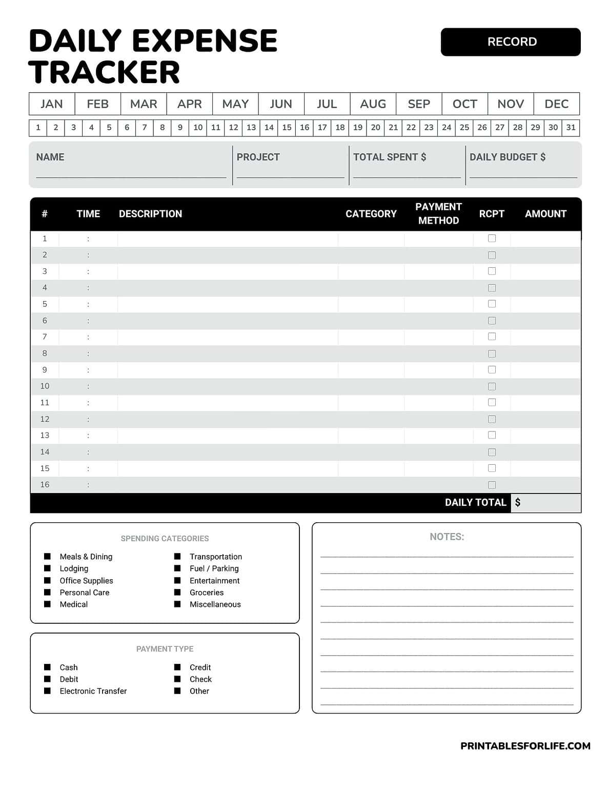 Free Daily Expense Tracker Template PDF | Simple Printable