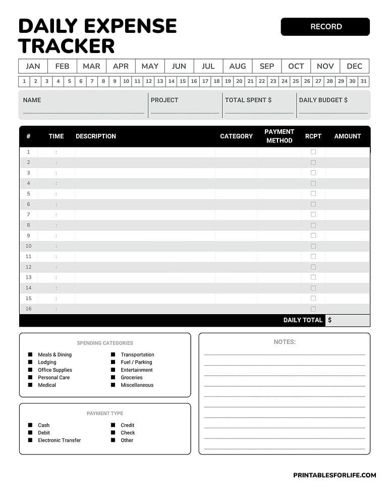 Free Daily Expense Tracker Template PDF | Simple Printable