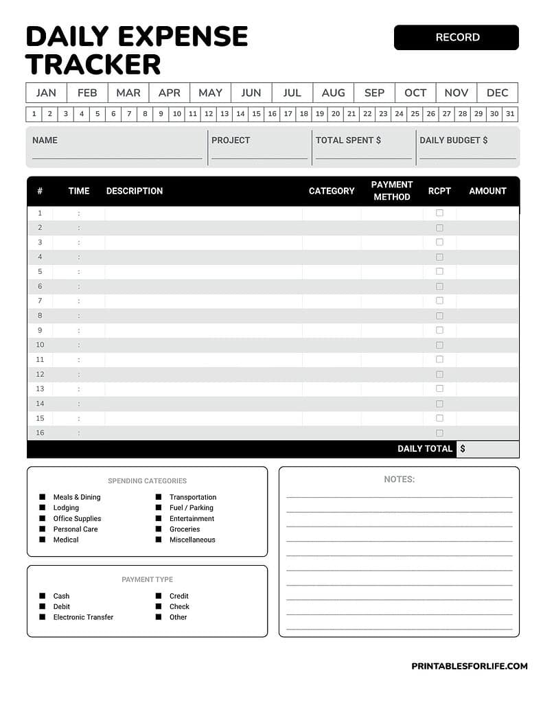 Free Daily Expense Tracker Template PDF | Simple Printable