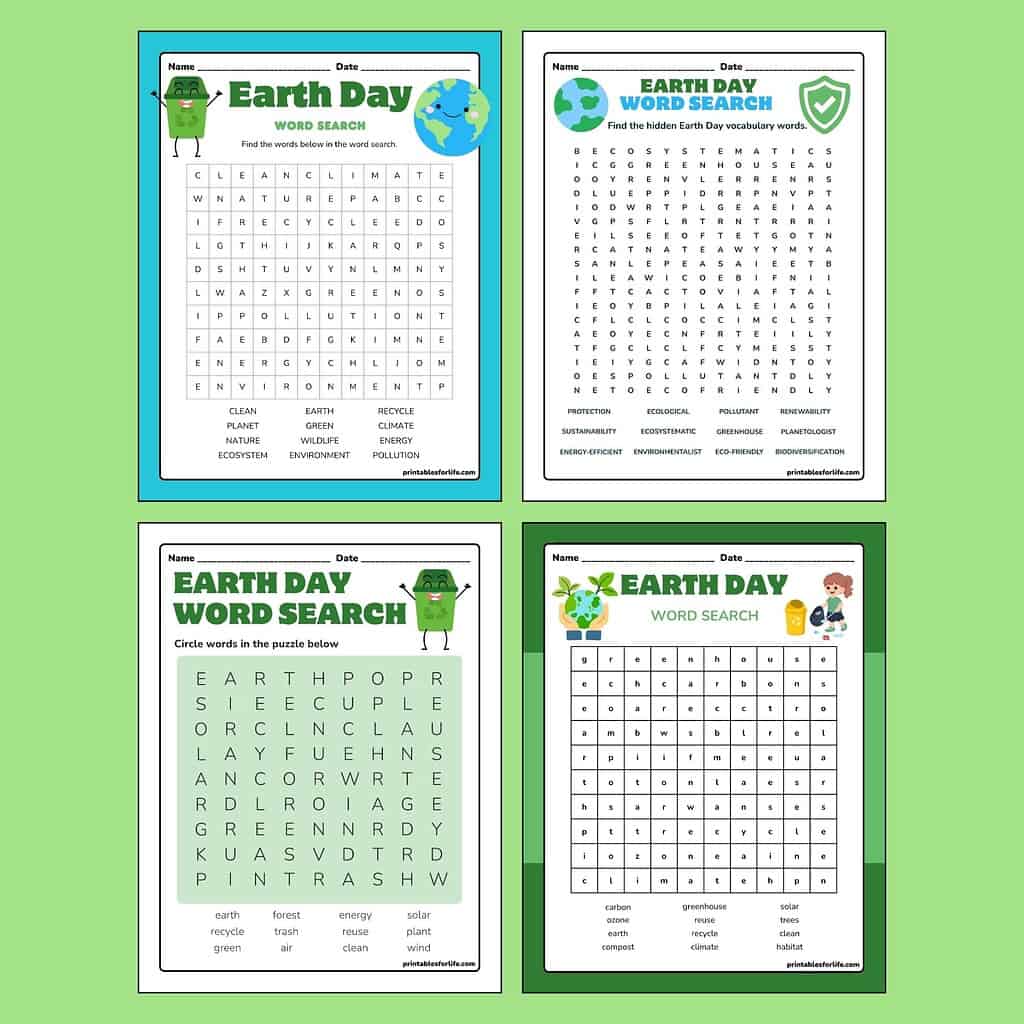 Earth Day Word Search Free Printable Set of 4 Puzzles