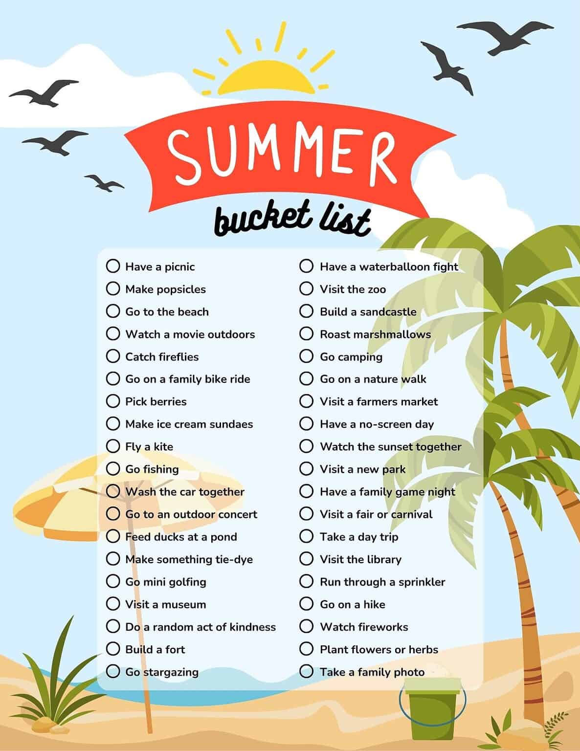 Summer Bucket List Free Printable Poster PDF for Families